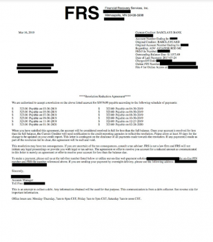 Settlement Letter With Barclays Bank: Client Saved 65%