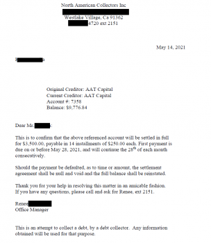 Settlement Letter With AAT Capital: Client Saved 65%