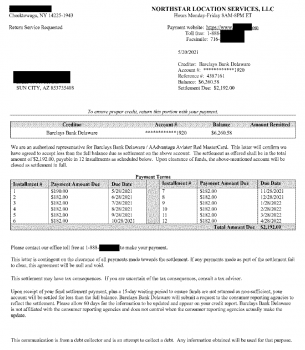 Settlement Letter With Barclays Bank: Client Saved 65%