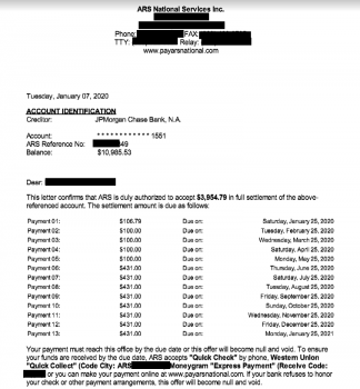 Settlement Letter With Chase Bank: Client Saved 65%