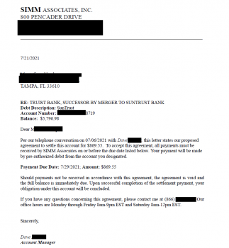 Settlement Letter With SunTrust Bank: Client Saved 85%