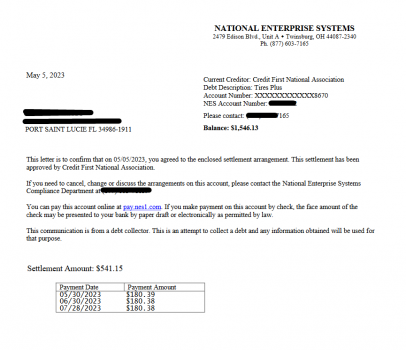 Settlement Letter With CFNA Client Saved 70% - 2023