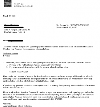 Settlement Letter With America Express: Client Saved 75% - 2023