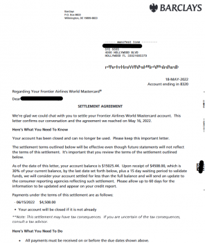 Settlement Letter With Barclays: Client Saved 70% - 2022