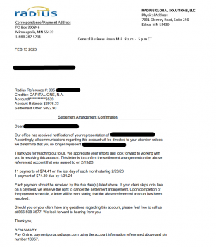 Settlement Letter With Capital One: Client Saved 70% - 2023