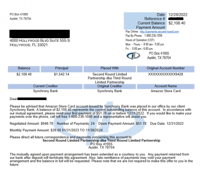 Settlement Letter With Synchrony Bank: Client Saved 55% - 2022