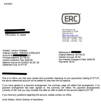 Settlement Letter With Verizon Wireless Client Saved 50% - 2023